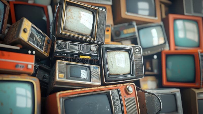 A Stack of Vintage Televisions Stands in Front of a Simple White ...