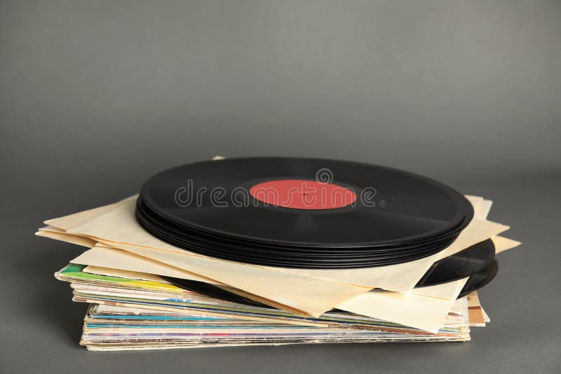 Stack of Vintage Vinyl Records on Grey Background Stock Photo - Image ...