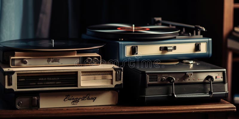 A Stack of Vintage Vinyl Records with a Retro Turntable, Emphasizing ...