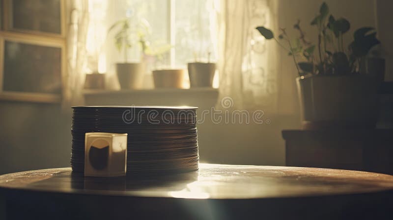 A Stack of Vintage Vinyl Records on a Wooden Table, Soft Light ...