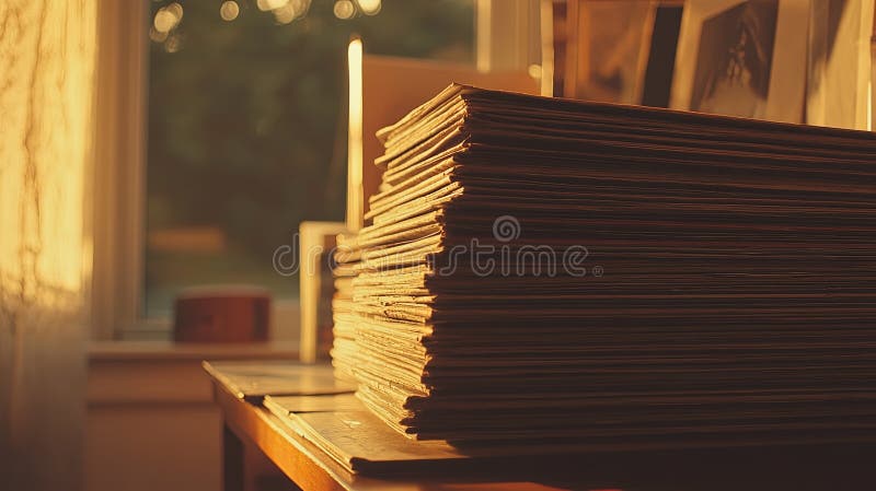 A Stack of Vintage Vinyl Records on a Wooden Table, Soft Light ...