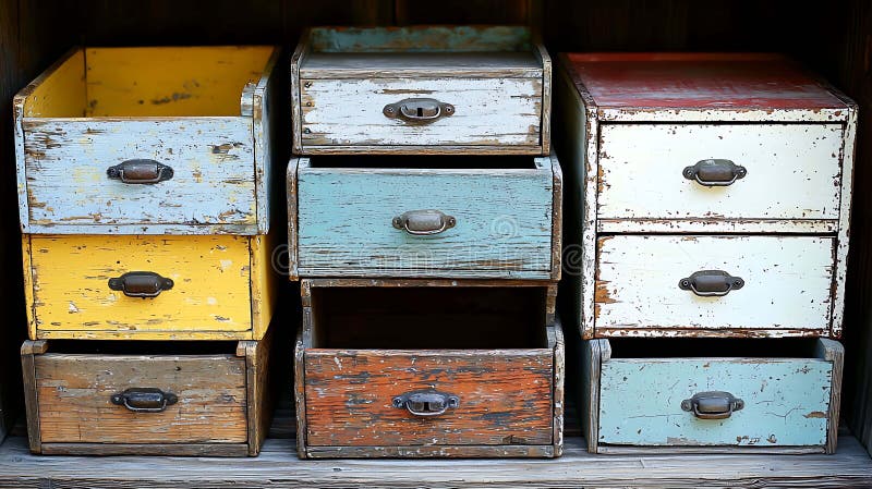 Stack of Vintage, Weathered Wooden Drawers in Various Pastel Colors ...