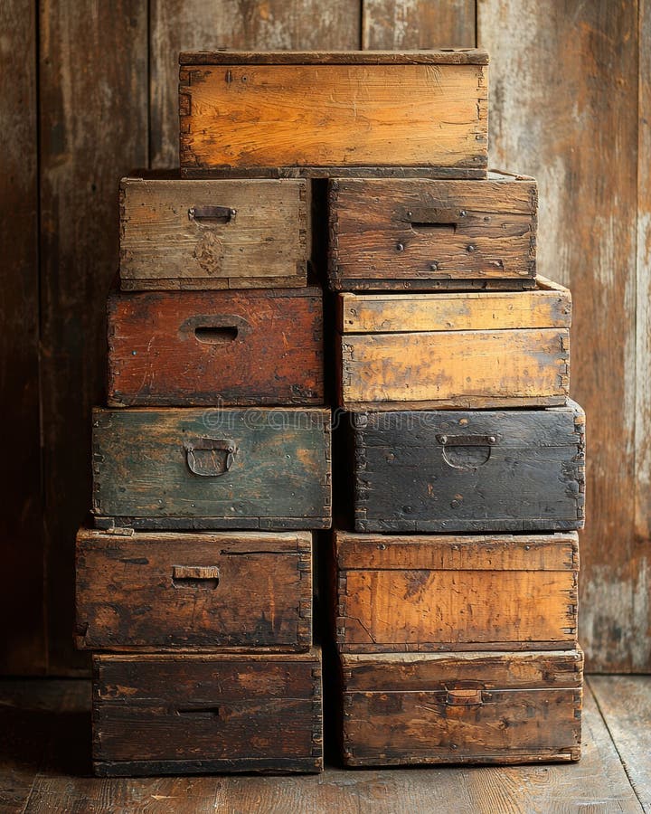 Stack of Vintage Wooden Crates in Various Shades, Showcasing Rustic ...