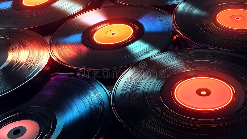 Stack of Vinyl Records with Glowing Labels Stock Illustration ...