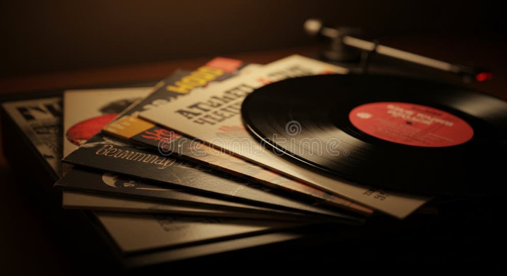 Stack of Vinyl Records Lying on a Turntable, with Visible Album Covers ...