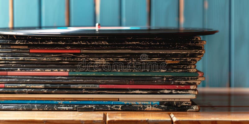 Stack of Records on Wooden Table. Generative AI Stock Illustration ...