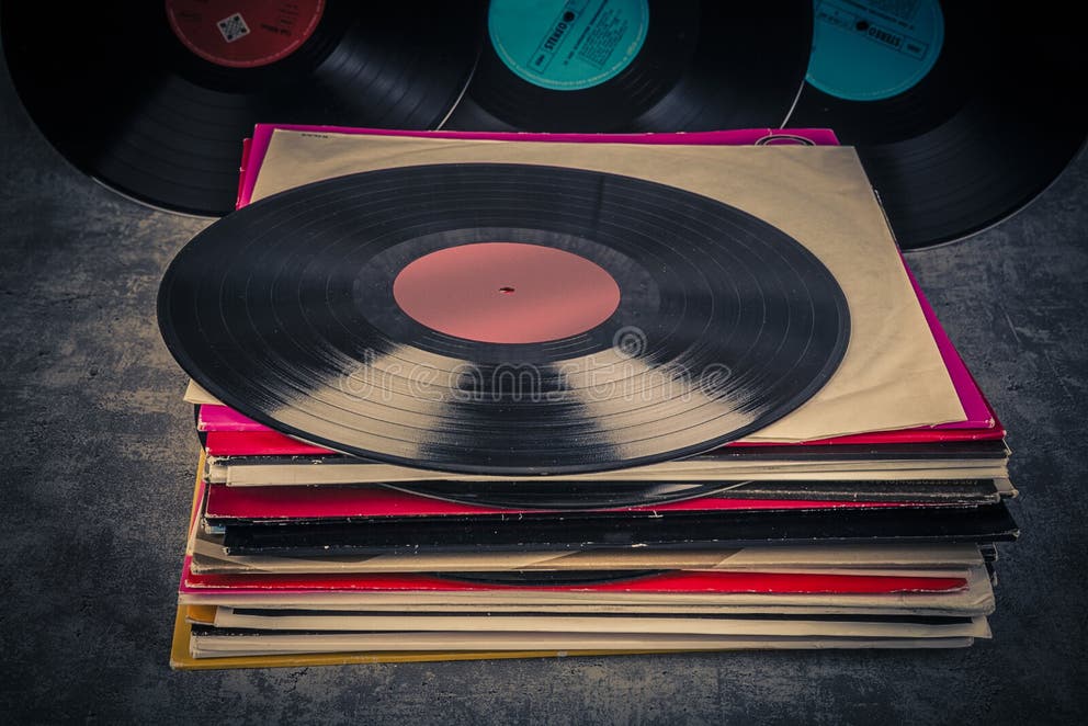 Stack of Vinyl Records in Retro Style Stock Photo - Image of dishware ...