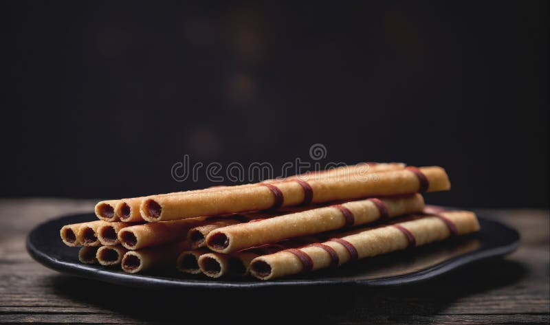 A Stack of Wafer Sticks with Chocolate Filling Sit on a Black Plate ...