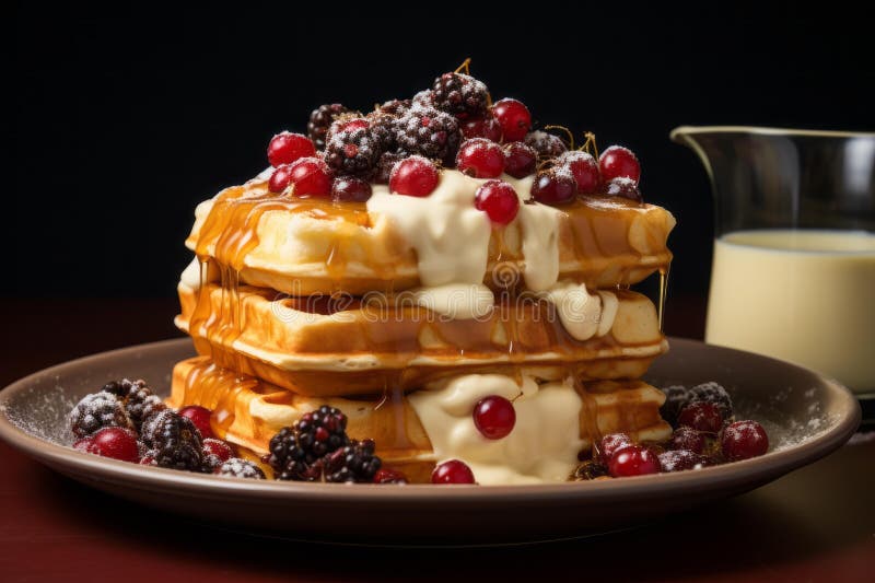 A Stack of Waffles with Berries and Cream on a Plate Stock Illustration ...