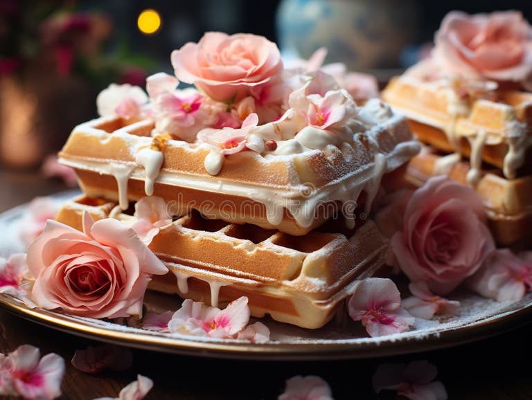 A Stack of Waffles Covered in Icing and Flowers. Generative AI Image. Stock Illustration ...