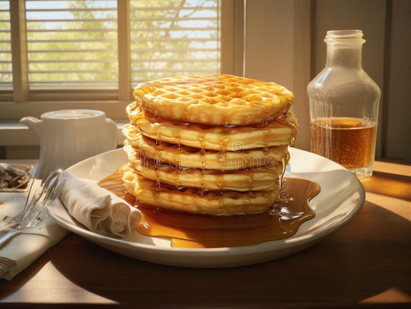 Stack of Waffles Dripping with Syrup Stock Illustration - Illustration ...