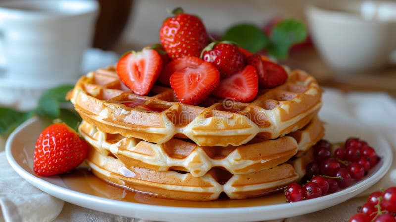 Stack of Waffles with Fruit and Syrup Stock Photo - Image of serving ...