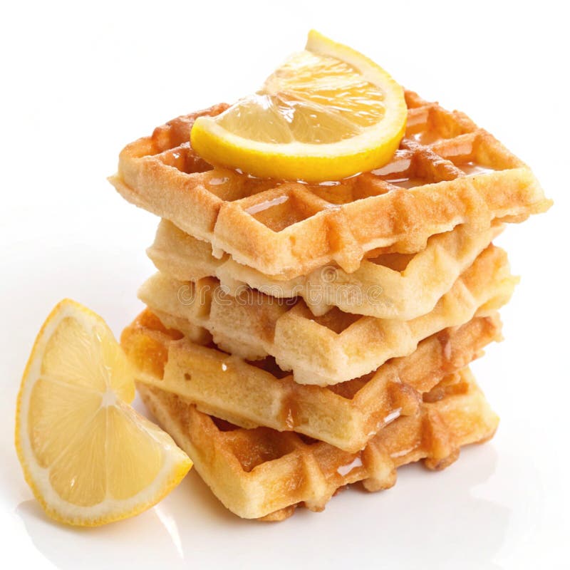 A Stack of Waffles with a Lemon Wedge Isolated on White Background ...
