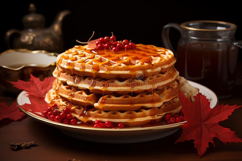 A Stack of Waffles on a Plate with Maple Syrup and Berries Stock ...