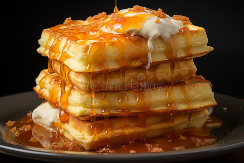 A Stack of Waffles on a Plate with Syrup Drizzled on Top Stock ...