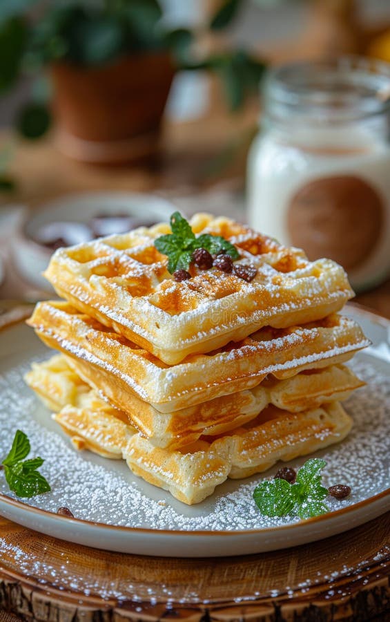 A Stack of Waffles with Powdered Sugar and Mint Leaves on Top Stock ...