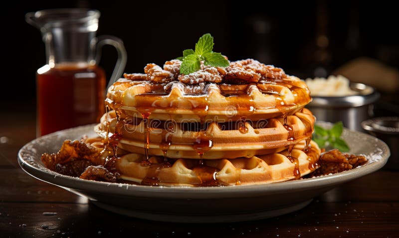 Stack of Waffles on Plate with Syrup Stock Image - Image of pancakes ...