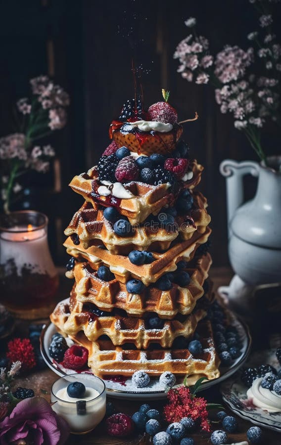 A Stack of Waffles Sitting on Top of a Table a Colorized Photo, Stock ...