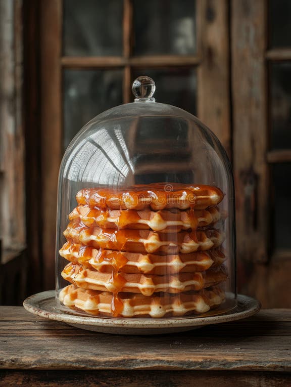 Stack of Waffles with Syrup Under a Glass Dome Stock Image - Image of ...