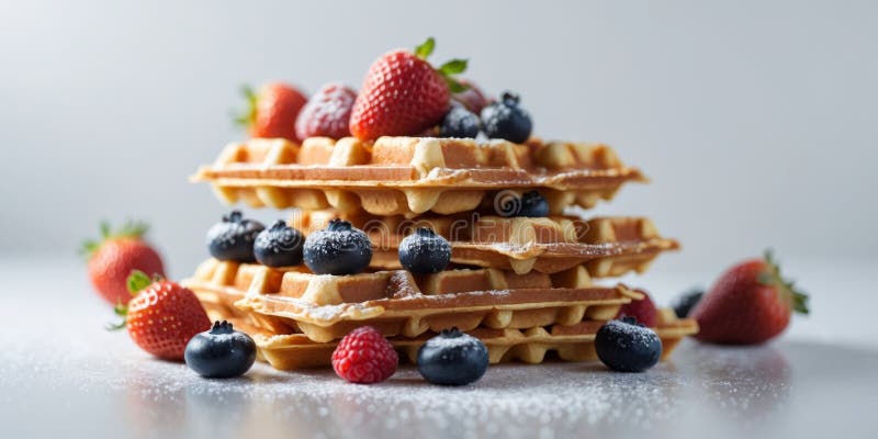 Stack of Waffles Topped with Berries and Powdered Sugar. Stock Photo ...