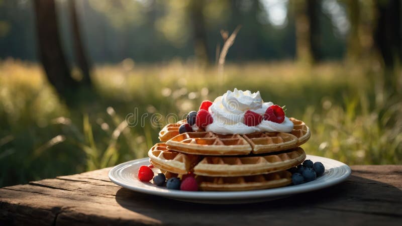Delicious Golden Waffles Stack with Whipped Cream and Berries in Nature ...