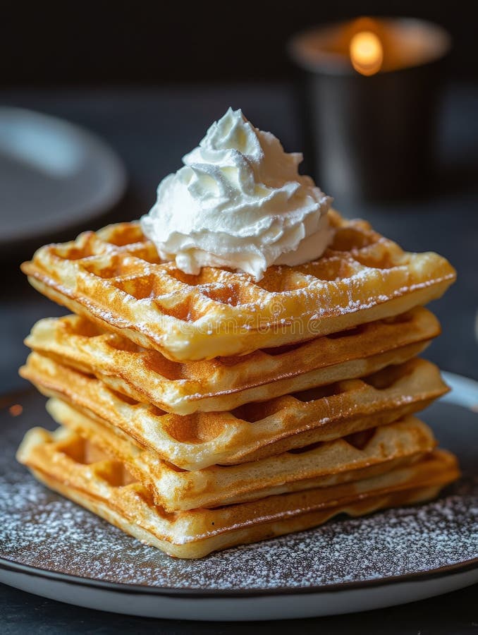 Stack of Waffles Topped with Whipped Cream on a Plate. Stock Image ...