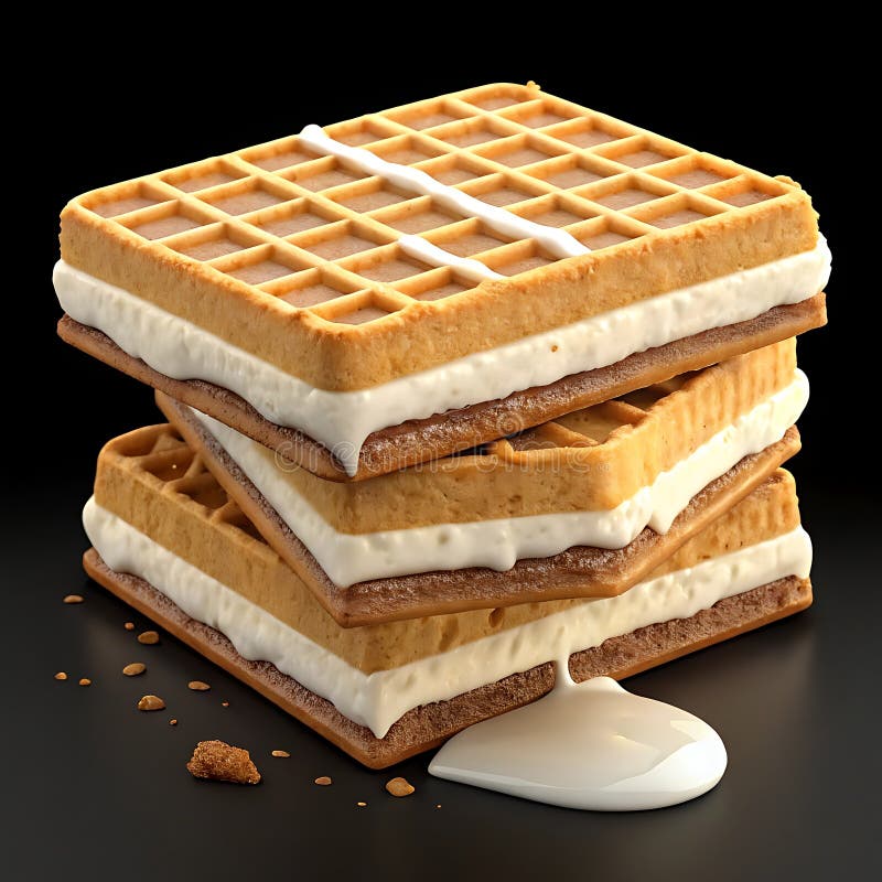 Stacked Waffles with White Cream Filling and Icing Drizzle on a Dark ...