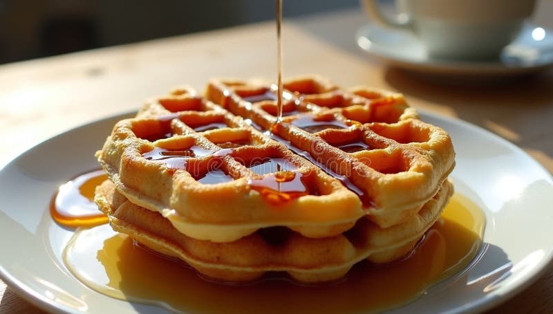 A Stack of Waffles on a White Plate with Syrup Being Poured and a Cup ...