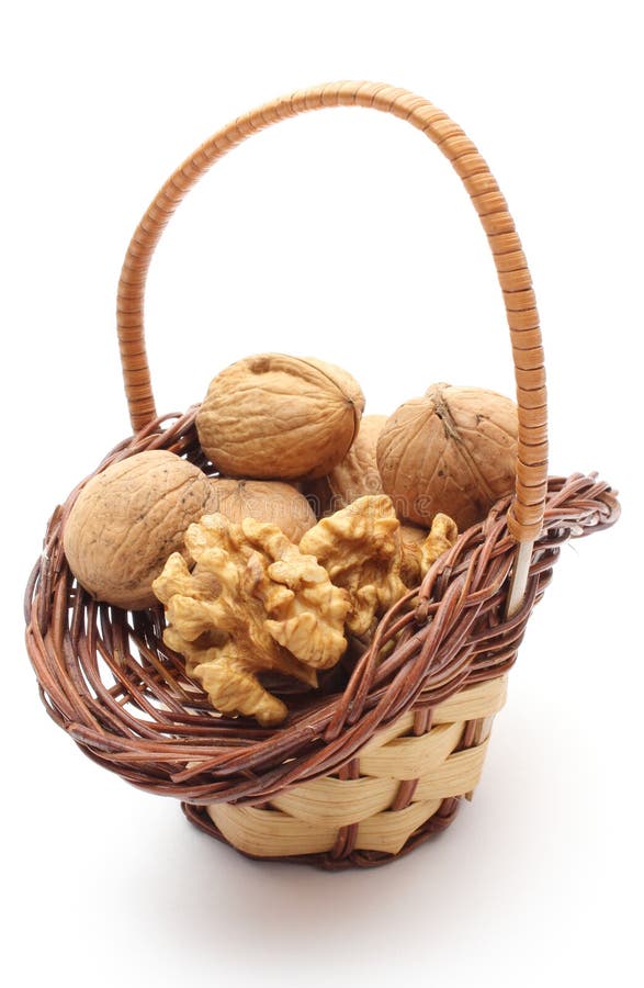Stack of Walnuts in Wicker Basket on White Background Stock Photo ...