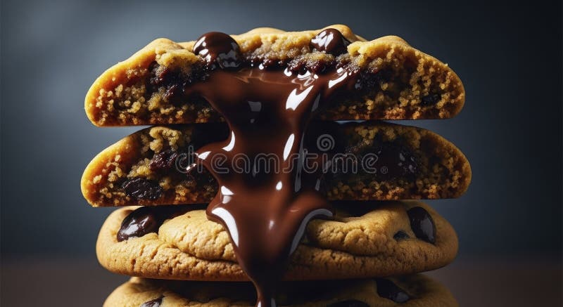 Stack of Warm Golden Brown Chocolate Chip Cookies with Melted Chocolate ...
