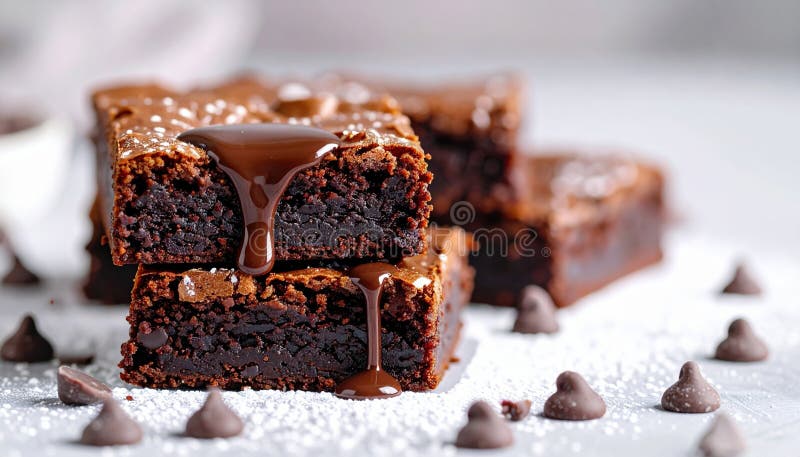 Stack of Warm, Gooey Brownies with Glossy Chocolate Glaze Dripping, Surrounded by Chocolate ...