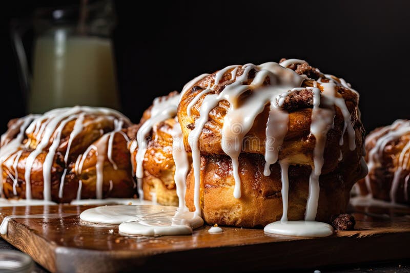 Stack of Warm and Gooey Cinnamon Buns with Drizzle of Icing Stock ...