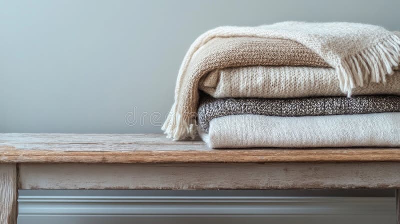Stack of Warm, Neutral-toned Knit Blankets and Throws Neatly Folded on ...