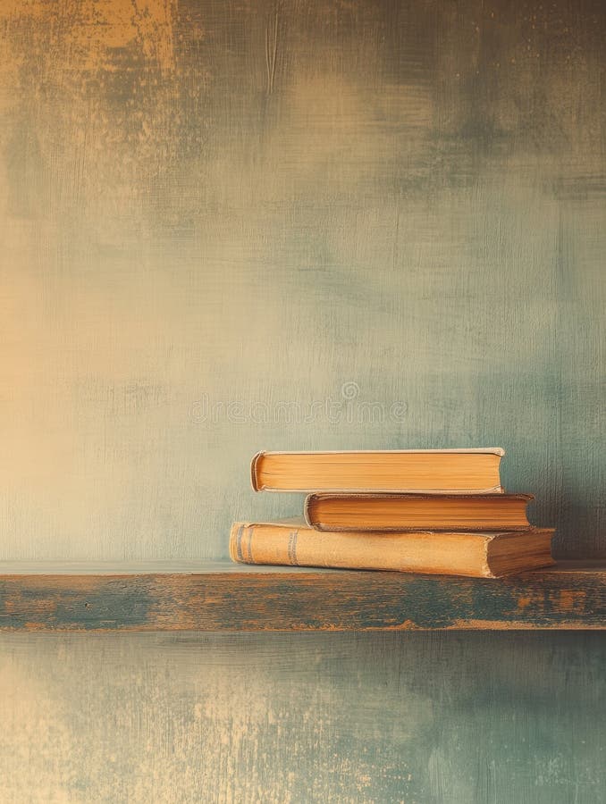 Stack of Warm Toned Books Resting on a Rustic Wooden Shelf with a ...