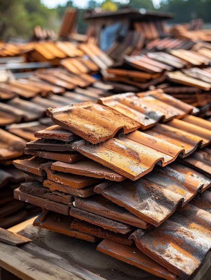 Stack of Weathered Clay Roof Tiles in an Outdoor Setting. Stock Image ...