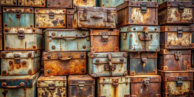 A Stack of Weathered Metal Storage Boxes Showing the Effects of Time ...