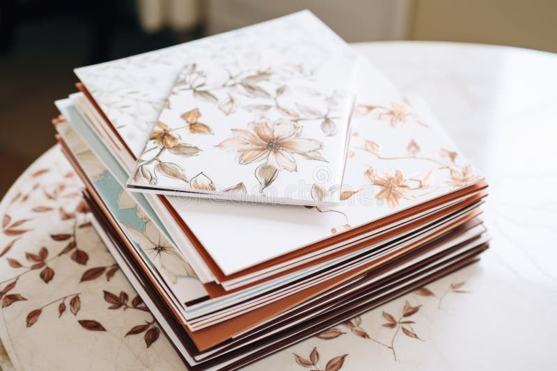 Stack of Wedding Invitations Spread Out on a White Table Stock Photo ...