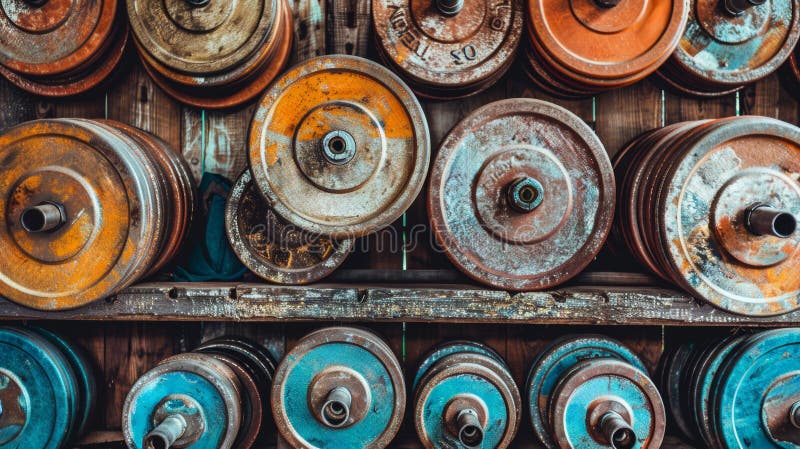 Stack of Weight Plates Neatly Arranged Against Gym Wall Stock ...