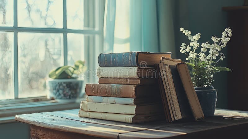 A Stack of Well-worn Books on a Table with Soft Natural Light Pic Stock ...