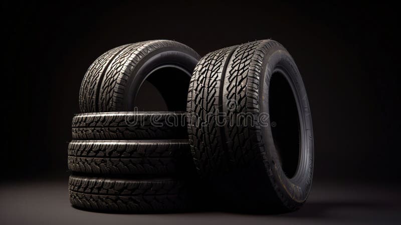 Stack of Wheel New Black Tyres for Winter Car Driving Isolated on Black ...