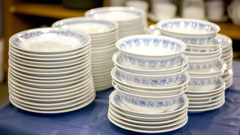 A Stack of White and Blue Plates and Bowls Stock Image - Image of group ...