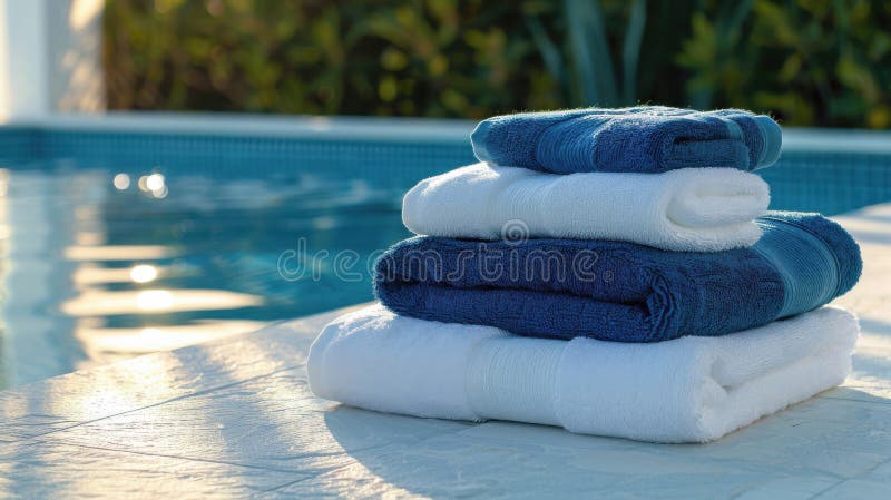 A Stack of White and Blue Towels Next To a Pool. Relax by the Water ...