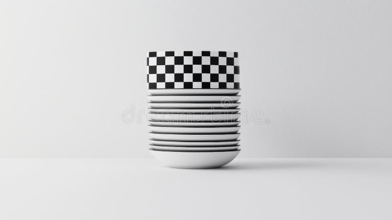 A Stack of White Bowls with a Black and White Checkered Pattern on the ...