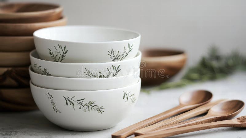 A Stack of White Bowls with Green Leaf Designs and Wooden Spoons. Stock ...
