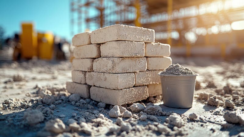 Construction Materials on a Building Site with Bricks and Sand during ...