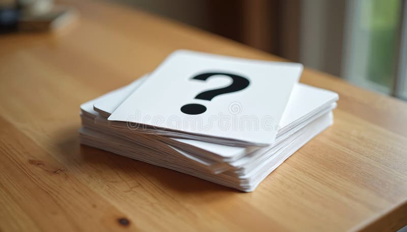 Stack White Cards Question Mark Wooden Table. Education, Business Concept. Blank Cards for ...