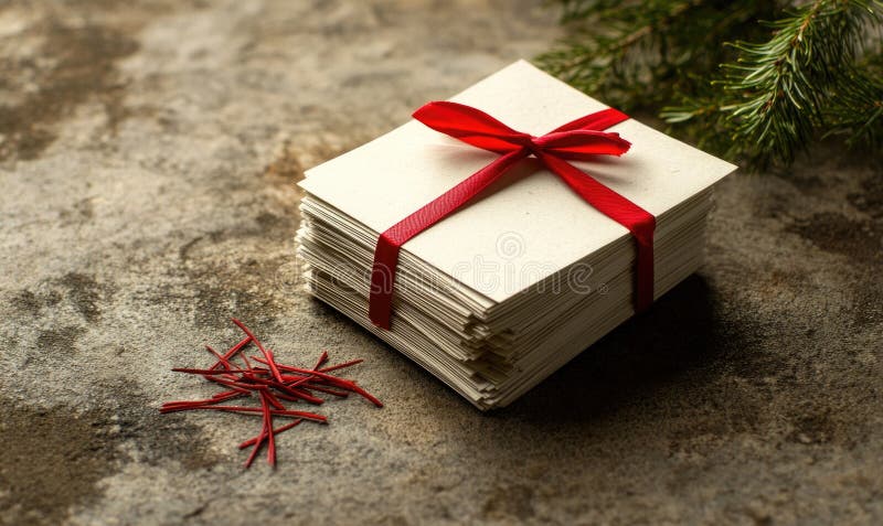 A Stack of White Cards with Red Ribbons Tied To Them Stock Photo ...
