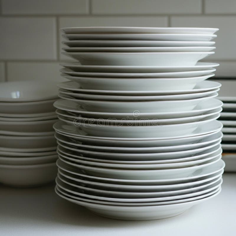 A Stack of White Ceramic Plates is Arranged Neatly with Uniform Spacing ...