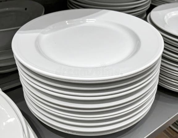 Stack of White Ceramic Plates Dinnerware on a Gray Shelf Ready for ...