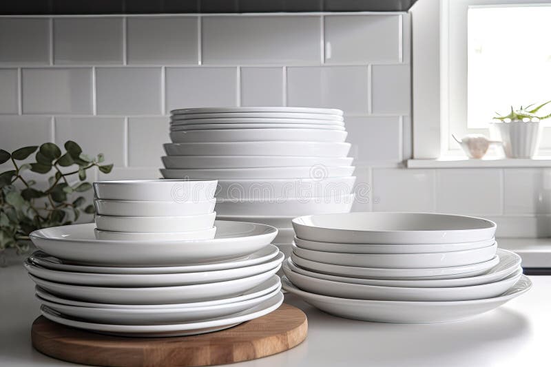 Stack of White Ceramic Plates in Home White Kitchen. Generative AI ...